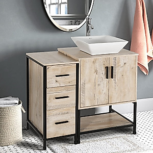 eclife 36" Bathroom Vanity Sink Combo Modern Metal Stand Cabinet W/Bottom Shelf & Storage Side Cabinet White Square Vessel Sink & Water Save Faucet & Pop Up Drain, Oak (A07)