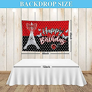 Allenjoy 68" x 45" Ladybug Birthday Backdrop Red and Black Glitter Party Supplies Decorations Photoshoot Baby Girls Kids Bday Banner Eiffel Tower Bow Decor Background Photo Booth Props