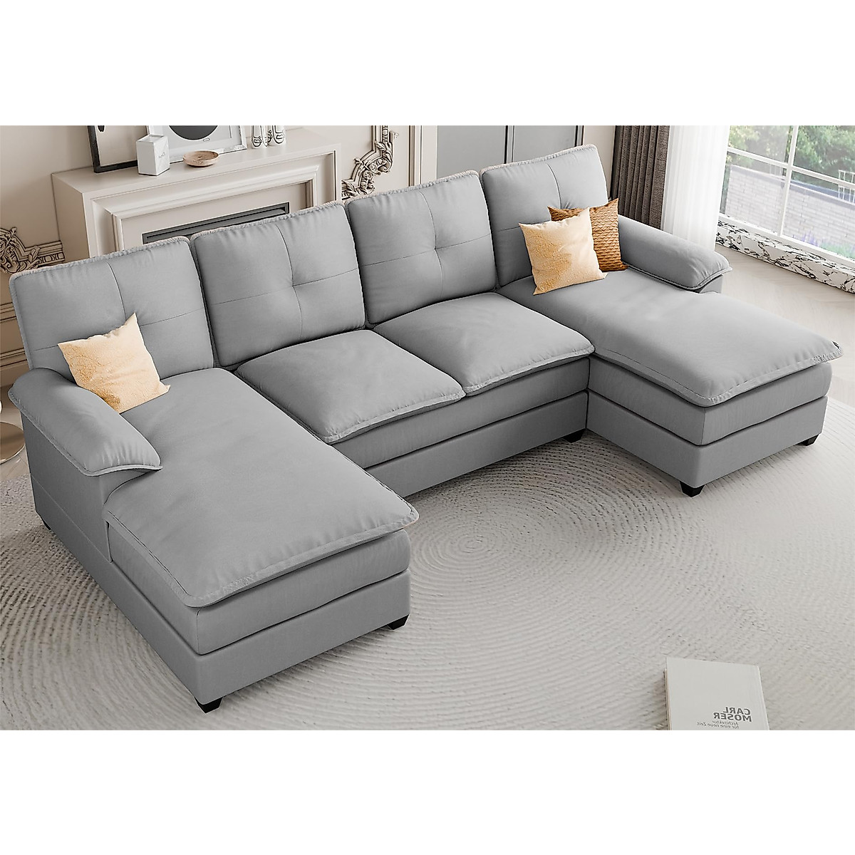 JAMFLY Sectional Couches for Living Room, U-Shaped Couch 4 Seat Sofas with Double Chaises, Modular Sectional Sofa Set for Apartment Furniture for Apartment, Light Grey