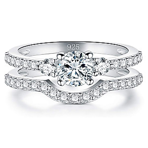 BORUO 925 Sterling Silver Ring, Cubic Zirconia CZ 2pc Wedding Band Stackable Ring Set Size 8