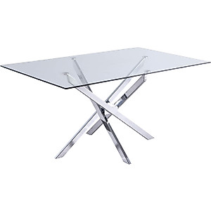 Meridian Furniture Xander Collection Modern | Contemporary Tempered Glass Top Dining Table with Durable Metal Base, 60" W x 36" D x 30" H, Silver Finish