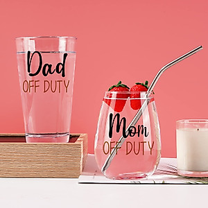 Futtumy Dad and Mom Gift Set, Dad & Mom off Duty Beer Glass and Stemless Wine Glass Combo for Dad Mom New Parents, Funny Gift for Father’s Day Mother’s Day Christmas Birthday Daily Use Baby Shower