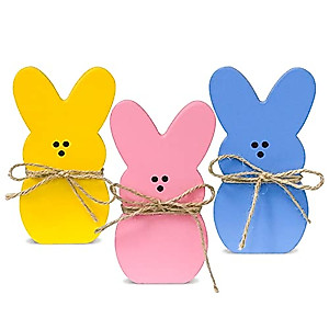3Pcs LEBERY Easter Bunny Wooden Table Centerpieces Sign Wood Bunny Peeps Rabbit Shape Tiered Tray Decor Rustic Farmhouse Decor Easter Bunny Decor for Spring Home Office Dining Room Mantel Tabletop