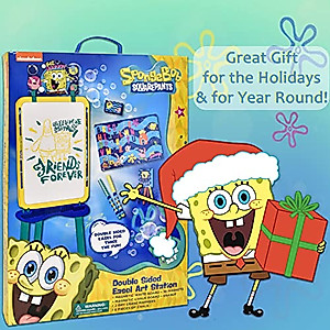 Spongebob Standing Art Easel for Kids, Toddler Drawing Dry Erase Magnetic Whiteboard, Chalkboard, Accessories and Number 1 in Service Tissue Pack (47 Pieces)