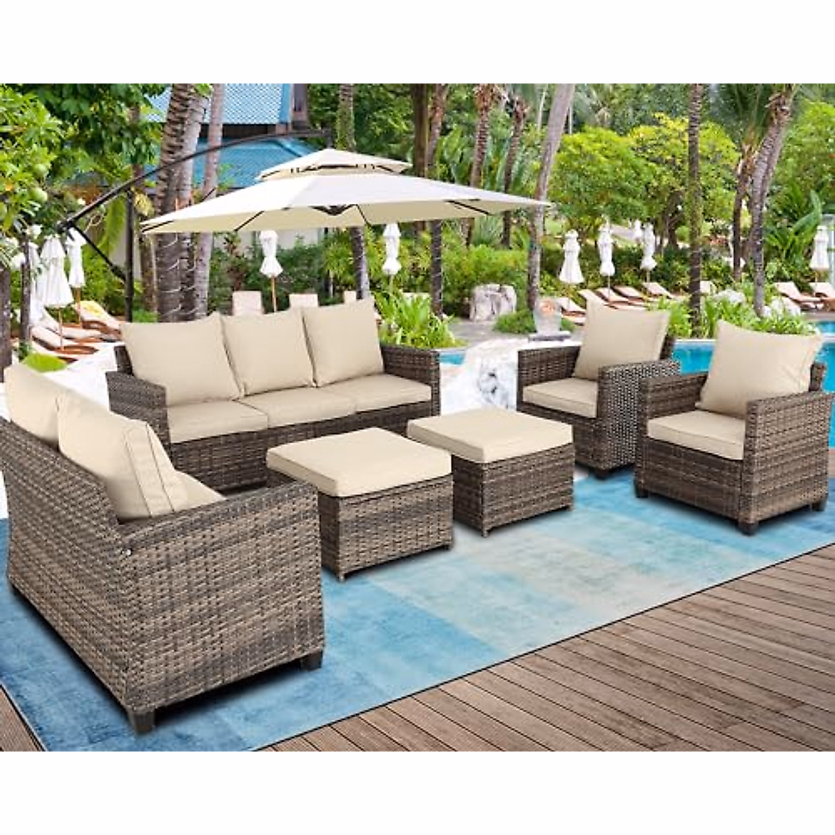 Furnimy Patio Furniture Set Rattan Outdoor Sectional Conversation Sets 3-Seat Outdoor Couch,2 Single Chair 1 Loveseat and 2 Ottoman for Lawn Balcony Garden Backyard (Gray-Tan, Set of 6)