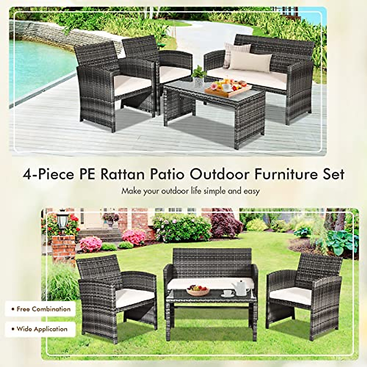 RELAX4LIFE 4-Piece Wicker Furniture Set - Hand-Woven PE Conversation Set with Cushions and Tempered Glass Coffee Table, Outdoor Rattan Sofas for Garden, Poolside, Backyard (White)