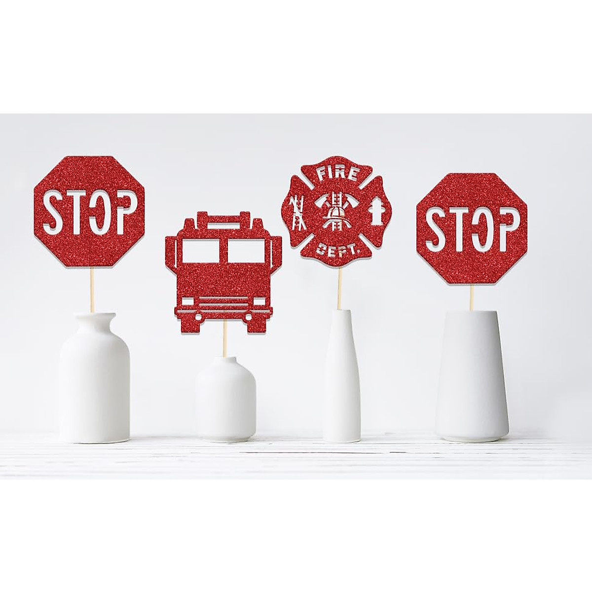 KEWUFD 12PCS Firetruck Birthday Party Centerpiece Stick Firetruck Themed Baby Shower/Birthday Party Table Toppers Sign Fire Academy Graduation Party Decoration Supplies