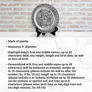 Let's Make Memories Personalized Pewter Baby Plate - Welcome Newborn - Celebrate New Baby - Nursery Decor - Customize Name, Weight, Length, Birthdate, Time of Birth - 9" Dia
