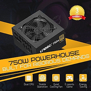 Uneec 750 Watt Power Supply 80 Plus Gold Fully Modular PC ATX Computer PSU 750W with UL CE Quality Standards, Quiet Cooling Fan, Supports Gaming STI Crossfire Game, Dual CPU, Active PFC Auto Adapter