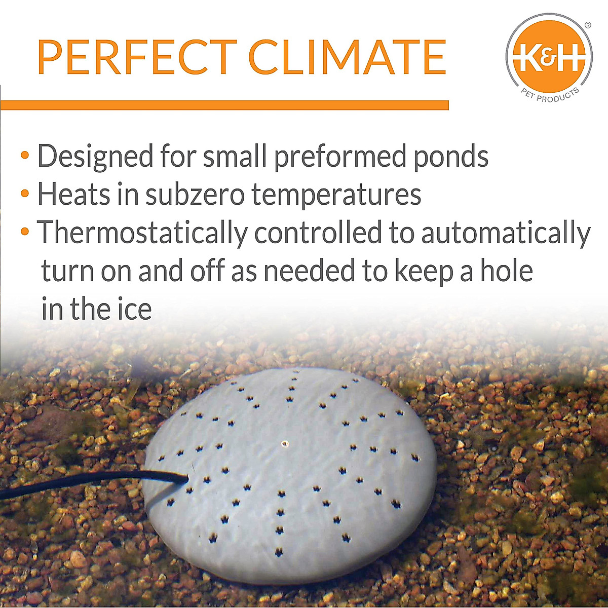 K&H Pet Products Thermo-Pond Perfect Climate Submersible Pond Deicer Gray 8" x 8" 300W, 1 Count (Pack of 1)