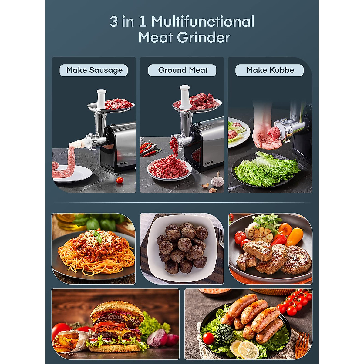 Electric Meat Grinder, Sausage Stuffer with 3 Sausage Tubes, 2 Blades, 3 Plates, 2000W Max, Meat Grinder Heavy Duty for Home Kitchen Use, Stainless Steel (Black)