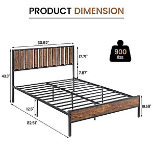 GAOMON Queen Size Bed Frame with Wood Headboard,Metal Bed Frame with 14 Heavy Duty Steel Slats,No Box Spring Needed,Noise-Free,Retro Brown