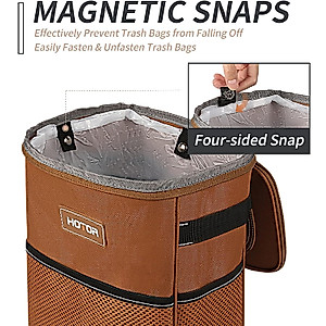 HOTOR Brown Car Trash Can with Adjustable Strap, Magnetic Snaps, Waterproof Lining, and Storage Pocket