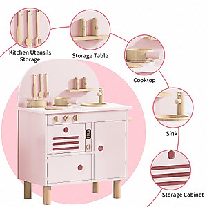 cuoote Play Kitchen Set for Kids Toddlers, Toddler Kitchen Set, Wooden Mini Pretend Kitchen playset for Boys and Girls, Toy Kitchen Gift for Girls and Boys, Gift for Ages 3+, Pink