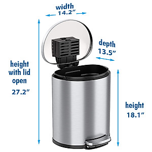 iTouchless SoftStep 5.3 Gallon Home Trash Can with Odor Filter & Removable Inner Bucket, Stainless Steel, 20 Liter Space-Saving Semi-Round Step Pedal Garbage Bin for Bedroom, Bathroom