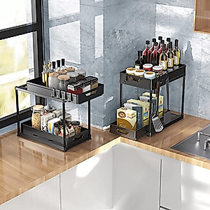 JWQ Under Sink Organizers and Storage 2 Pack, Pull-out Large Capacity Under Bathroom and Kitchen Cabinet Storage Drawer Organizer with Hooks, Multi-purpose Under Sink Shelf Organizer, Black