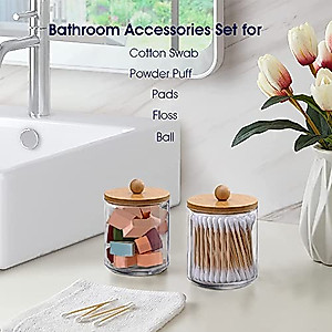 WISIEW Apothecary Jars Bathroom Vanity Organizer - 4 Pack 10 Oz Q-Tips Dispenser Holder, Clear Plastic Jar with Lids Makeup Organizer Holder for Cotton Swab Rounds Ball, Floss Picks, Bath Salts