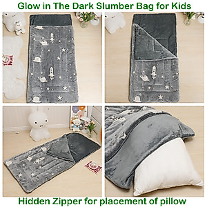 Kids Sleeping Bag Glow in The Dark Slumber Bag for Boys and Girls Padded Nap Mats for Preschool Grey Galaxy Stars Rocket Shining Luminous Sleepover Sack for Toddler Daycare Kindergarten