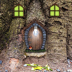 Juegoal Fairy Gnome Home Miniature Window and Door with Litter lamp for Trees Decoration, Glow in Dark Fairies Sleeping Door and Windows, Yard Art Garden Sculpture, Lawn Ornament Décor