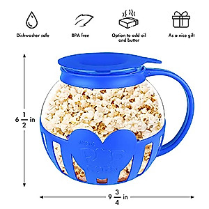 The Original Korcci 3 Quart Microwave Glass Popcorn Popper, Borosilicate Glass, Dishwasher Safe, 3-in-1 Silicone Lid, BPA Free, Family Size (Blue)