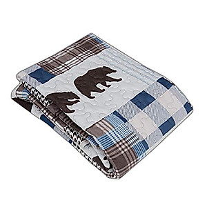 Rustic Modern Farmhouse Cabin Lodge Quilted Couch Sofa Loveseat Armchair Chair Recliner with Patchwork of Grizzly Bears and Buffalo Plaid Check Houndstooth Patterns Beige Blue - Western 2 (Chair)