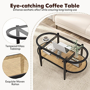 Moccha Boho Coffee Table, 2-Tier Center Table with Tempered Glass Tabletop & PE Rattan Storage Shelf, Mid Century Modern Tea Table, 40" L Oval Accent Table for Living Room, Office (Black)