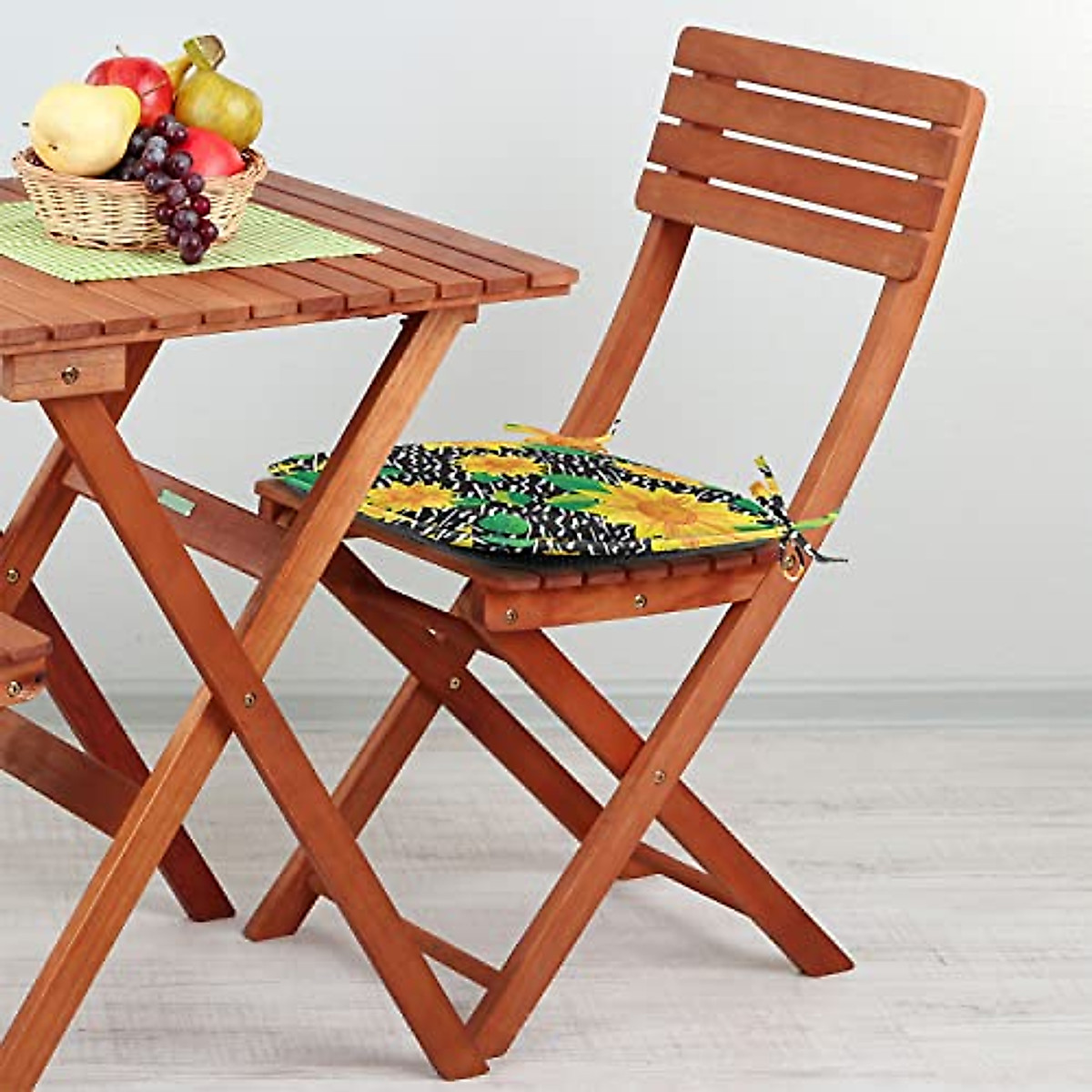 Lunarable Floral Chair Seating Cushion Set of 4, View of Sunflowers on a Background of Monochrome Stripes, Anti-Slip Seat Padding for Kitchen & Patio, 16"x16", Charcoal Grey Yellow