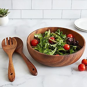 AOOSY Wooden Salad Bowls, Large Acacia Wood Salad Serving Bowl with Serving Tongs, 9.3" D x 2.8" H Round Bowls Set for Mixing Fruits Cereal Pasta