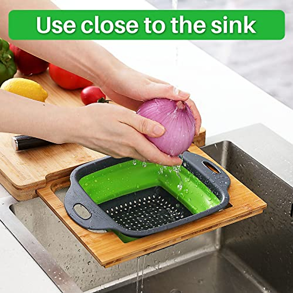 PYINRUOLI Expandable Bamboo Cutting Board With Containers,Over The Sink Cutting Board For Kitchen,Meal Prep deck For Food (Green) Large