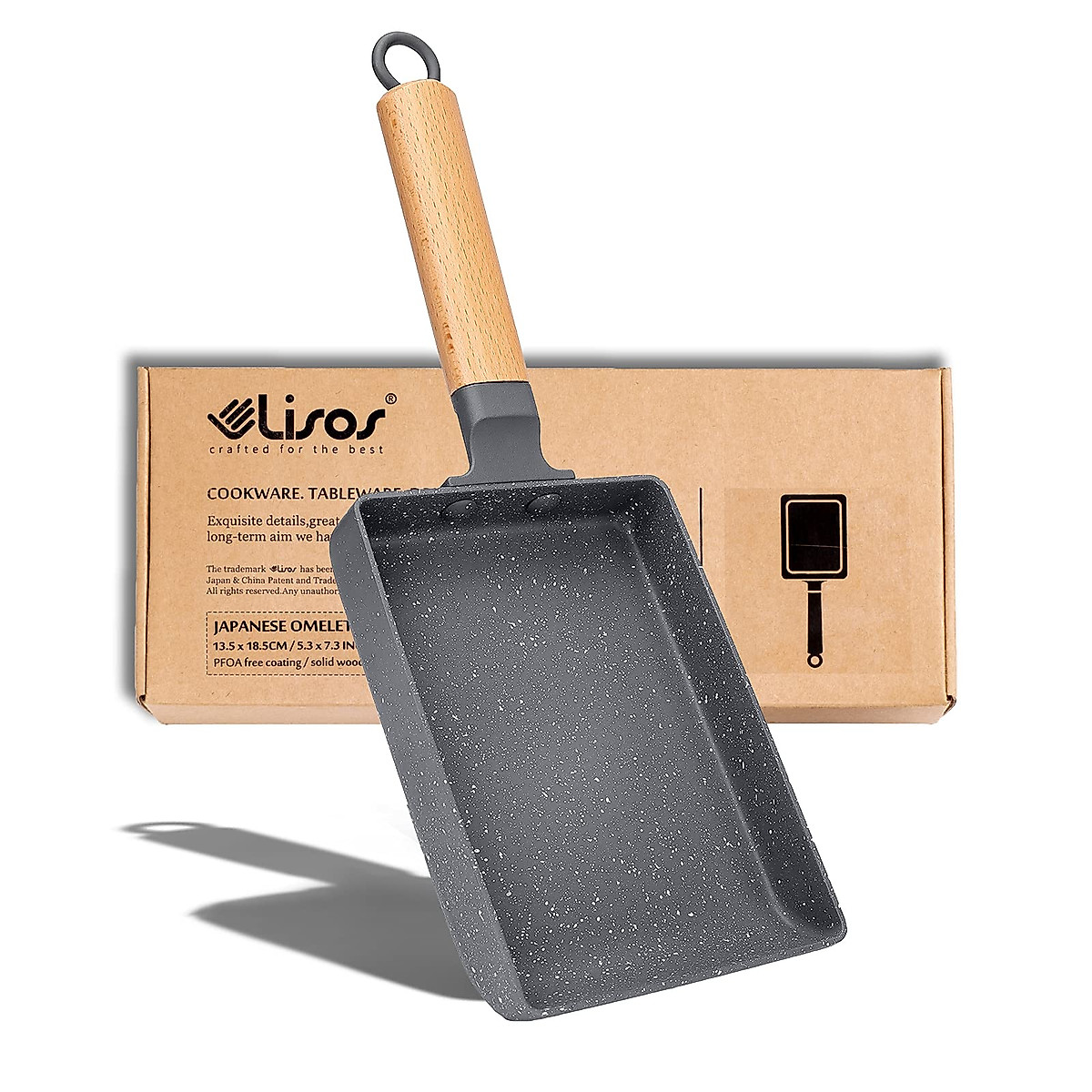 Tamagoyaki Pan Square Japanese Omelette Pan,Non-stick Egg Roll Pan,Rectangle Frying Pan Wood Handle,with Silicone Brush & Solid Wood Spetula,Grey