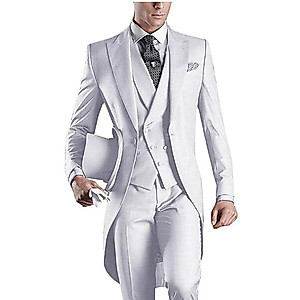 Men's White 3PC Long Tailcoat Suit Notch Lapel One Button Wedding Suits Groom Tuxedos White 40 Chest / 34 Waist