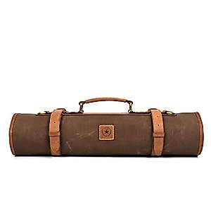 Aaron Leather Goods Leather Knife Roll With Storage Bag, Elastic and Expandable 10 Pockets, Adjustable/Detachable Shoulder Strap, Travel-Friendly Chef Knife Case (Green, Canvas)