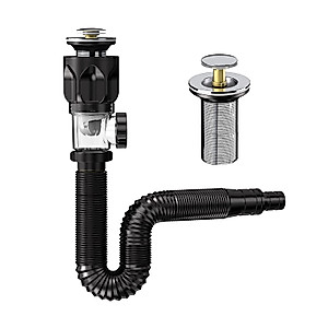 Upgraded Bathroom Sink Drain Kit with Flexible & Expandable P-Trap, Pop Up Drain with Built-in Anti-Clogging Stopper Fits Overflow or No Overflow Vessel Sink, Suitable for 1-1/2'' Drain Hole
