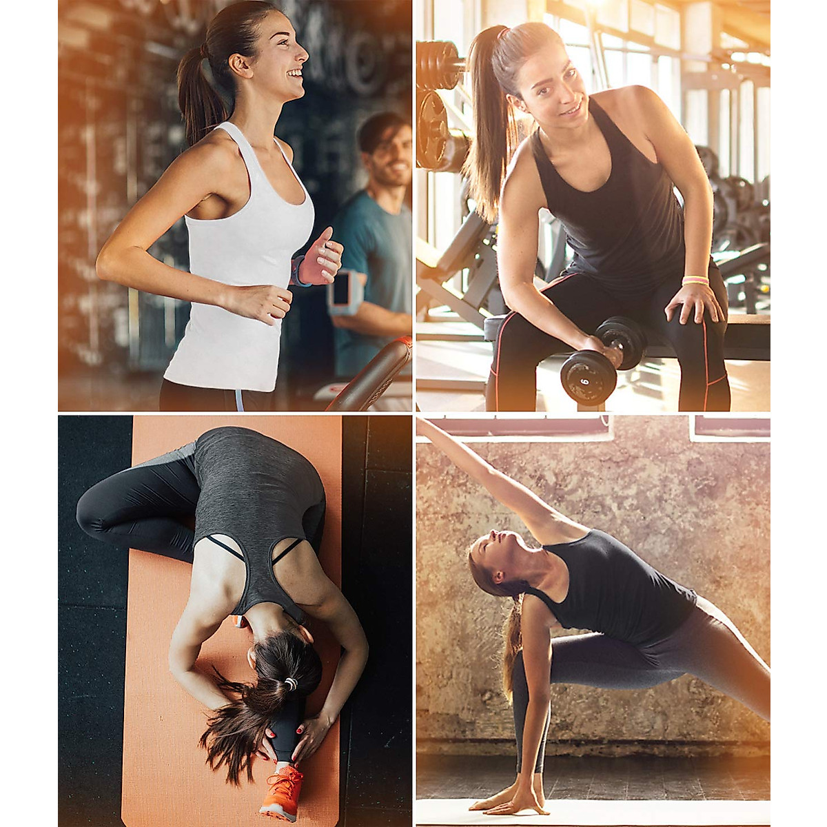 Femdouce Racerback Workout Tank top for Women Activewear Running top Yoga 4 Pack Black/White/Grey/Pink L