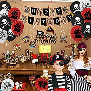 Birthday Decorations - Pirate Party Decorations GOGOPARTY Pirate Birthday Decorations for Men, Boys, Kids, Him, Happy Birthday Banner Balloons Cake Toppers Hanging Swirls Pirate Themed Party Supplies