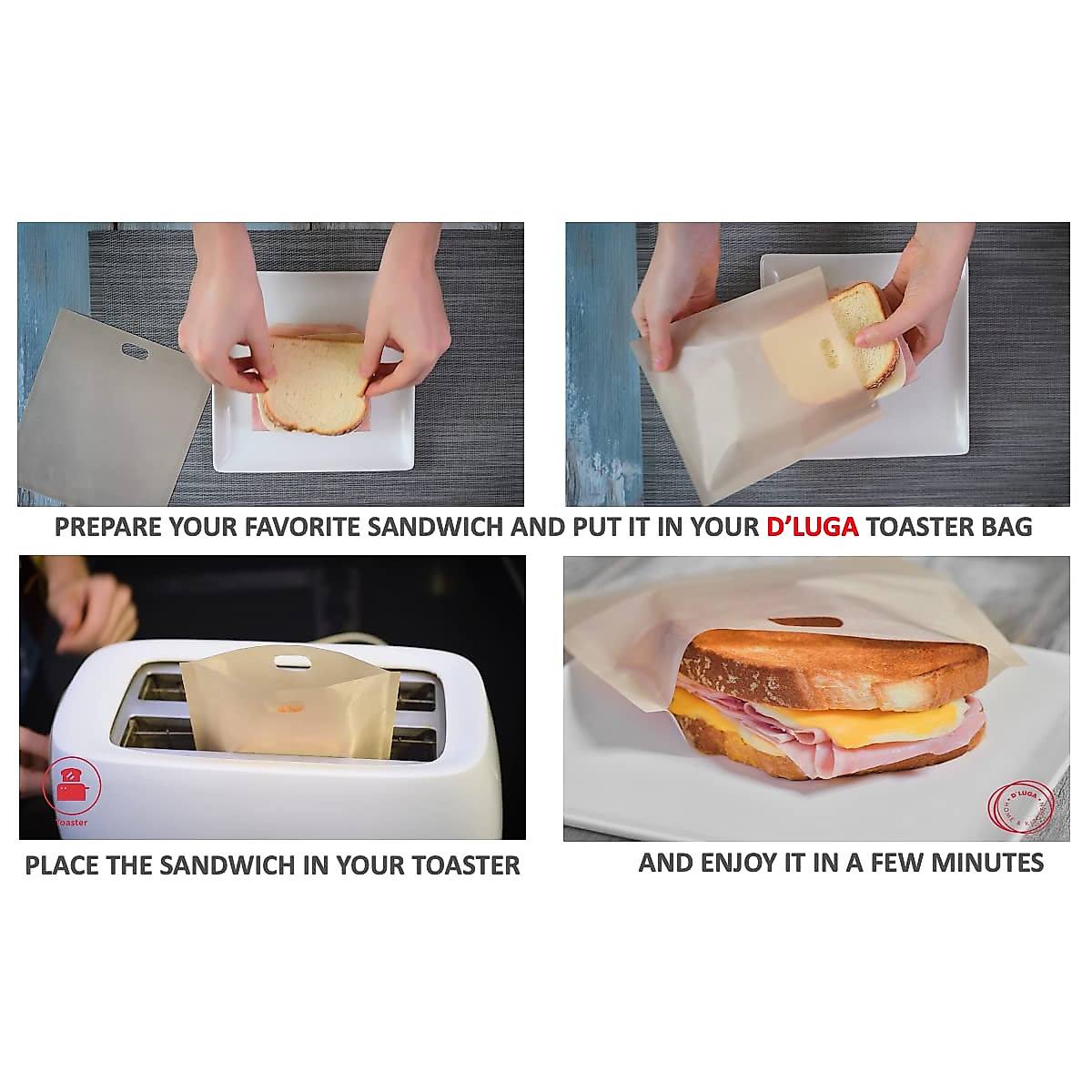 D'Luga Toaster Bags (Pack 10), non sticky reusable toaster bags, perfect to prepare cheese sandwiches, pizza, chicken nuggets, fish, vegetables, croissants. Used in oven, toaster or microwave.