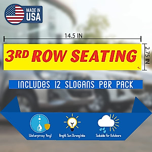 Versa Tags Windshield Slogan Stickers 12 Pack of Save Stickers 12 Pack of 3RD Row Seating Slogans 12 Pack of WE Finance Window Stickers (36) Dealership Stickers Red On Yellow