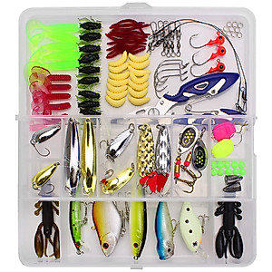 Fishing Lures Kit 101 pcs Freshwater Bait Tackle Kit for Bass Portable Fishing Accessories Tackle Box with Spoon Lures, Soft Plastic Worms, Spinnerbaits, Jigs, Fishing Hooks, Topwater Lures