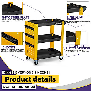 3 Tier Rolling Tool Cart on Wheels, Heavy Duty Utility Tool Cart with Pegboard,Tool Cart for Mechanics, Garage, Warehouse, Workshop