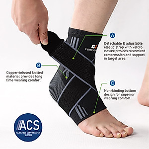 Comforband Ankle Compression Support with Adjustable Strap, Copper Infused – Breathable Sports Recovery Ankle Sleeve Brace for Running Walking Hiking Basketball Exercise etc. Relief for Plantar Fasciitis, Sprained, Strained or Swollen Ankle, Arthritis, Ac