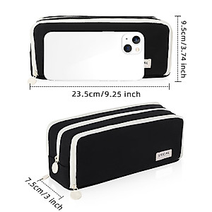 iSuperb 3 Compartments Pencil Case Pouch Big Capacity Pencil Holder Oxford Storage Cosmetic Makeup Bag for Women (Black)