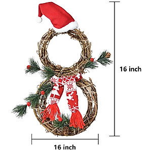 DearHouse Lighted Christmas Wreath Decoration Clearance, 16 x 8 Inch Grapevine Wreath with Hat and Scarf Snowman Shape Wreath for Front Door Home Garden Wall Decor