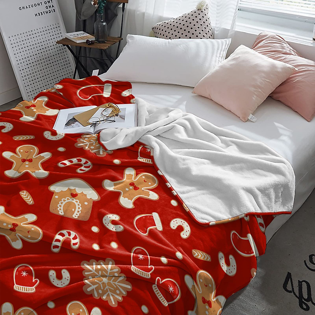 ALAGEO Christmas Throw Blanket Gingerbread Man Snowflake Blanket Winter Holiday Decorations Candy Cane Glove Bed Blanket Lightweight Warm and Cozy Throws for Winter Bedding, Couch and Gift, 40" x 50"