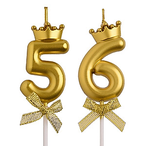 AOOLADA 56th 65th Birthday Candles, Gold 65 56 Year Old Cake Topper Number Birthday Candles, Birthday Party Decorations Gifts for Women Men