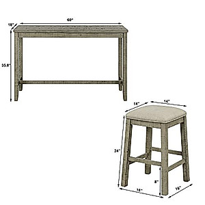 Quarte 4-Piece Counter Height Bar Table Set, Multipurpose Dining Room Set with Fabric Padded Stools and Socket,Wood Rustic Dining Set