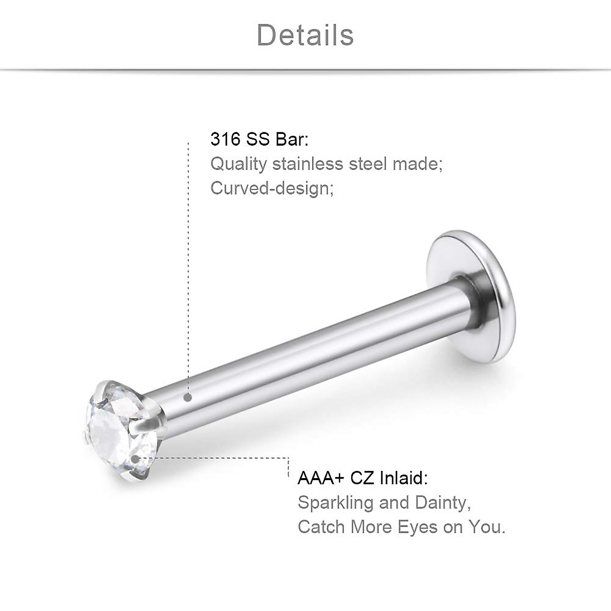 SCERRING 20PCS 16G 8mm Acrylic & Stainless Steel Labret Monroe Lip Ring Tragus Nail Helix Earring Stud Piercing Jewelry with 2mm 4-Prong-Setting Clear CZ