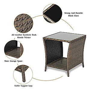 KINTNESS Wicker Rattan Side Table Outdoor End Table Patio Courtyard Coffee Bistro Glass Table with Storage