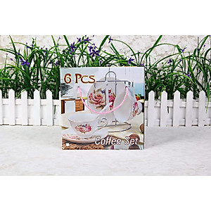 Viktorwan Porcelain Tea Cup and Saucer Coffee Cup Set with Saucer and Spoon, Set of 7 (2 Tea Cups, 2 Saucers, 2 Spoons, and 1 Bracket)