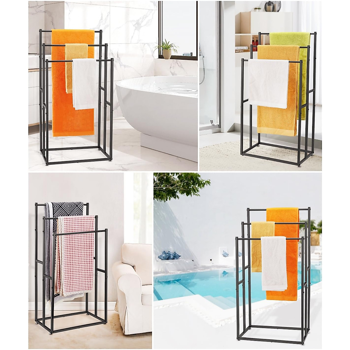 Free Standing Towel Rack, 39 Inch Tall Floor Towel Racks for Bathroom, 3 Tier Freestanding Outdoor Pool Towel Drying Rack Stand, Blanket Holder Storage, Black, ALHAKIN