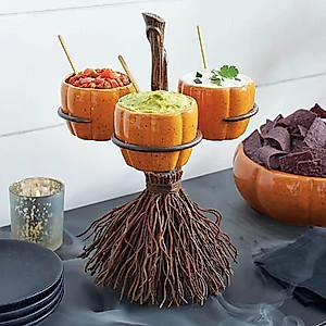 Halloween Pumpkin Snack Bowl Stand,Pumpkin Bowls on Broom,Collapsible Party Trays,Candy Holder Bowl Halloween Party Favor Supplies,Perfect for Serving Snacks,Salad,Dessert,Creative Party Props Decor